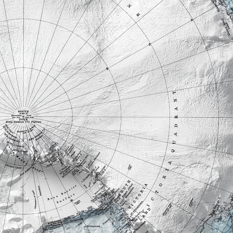 Antarctica Map - Vintage Style Print (1922) - South Pole Shaded Relief ...