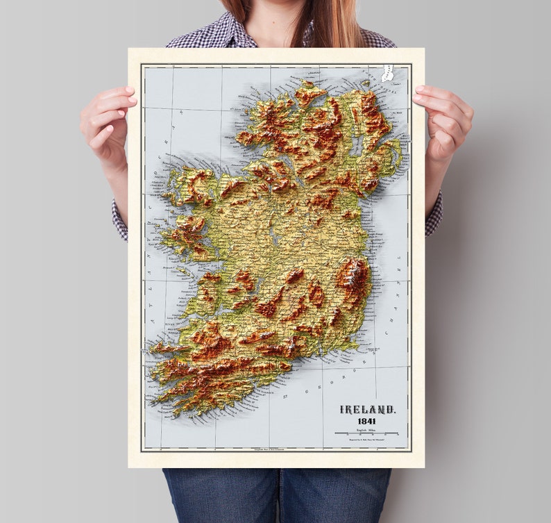 Ireland Map Vintage 2D Shaded Relief Map Irish Topographic - Etsy