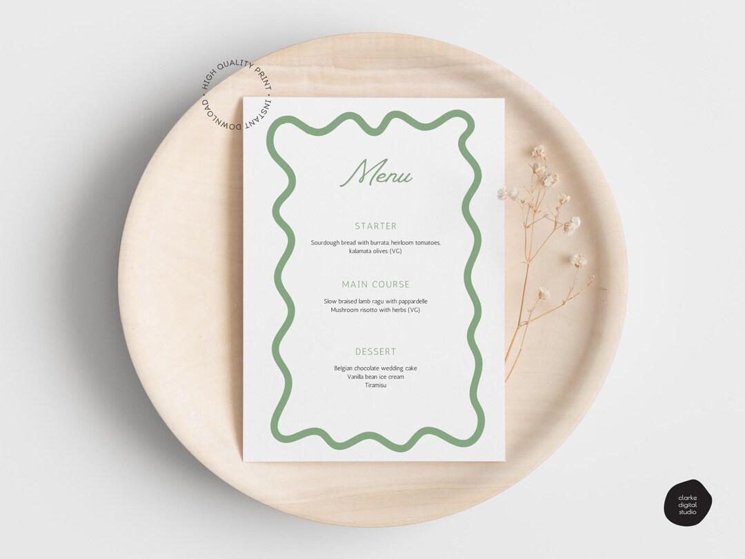Curvy Menu Template, Colorful Handwritten Wedding Menu, Whimsical Wavy ...