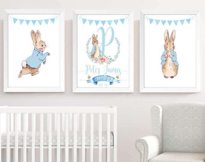 Personalised Peter Rabbit Prints Set of 3, Boys Nursery Wall Art Decor ...