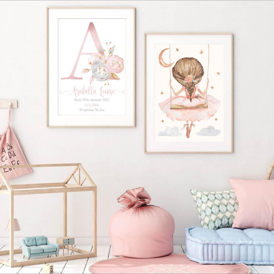 Princess Personalised Name Nursery Prints Wall Art Set of 2, Princess ...