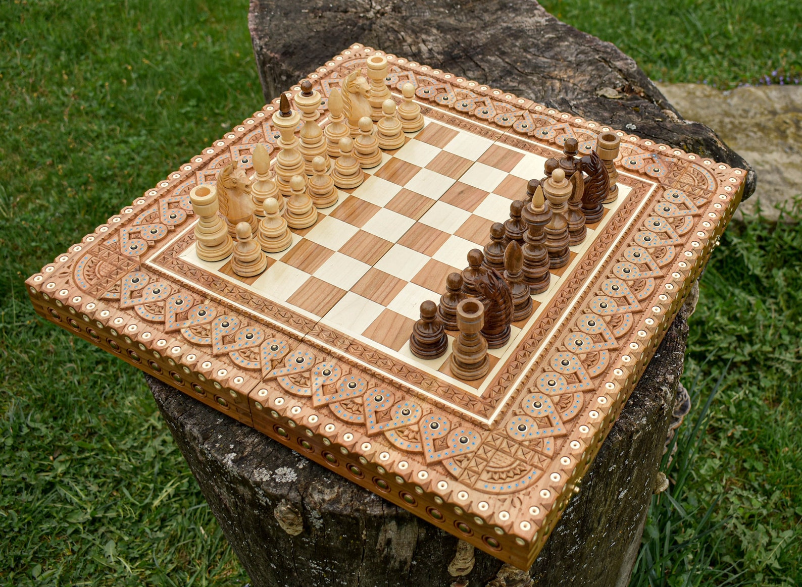 Carved Chess Set Hutsul, Chess Inlay With Metal, Carved Wood Chess ...
