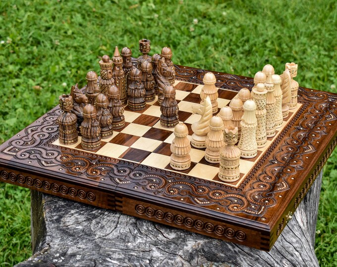 Carved Chess Set Hutsul Chess, Copper Inlay, Carved Wood Chess, Chess ...