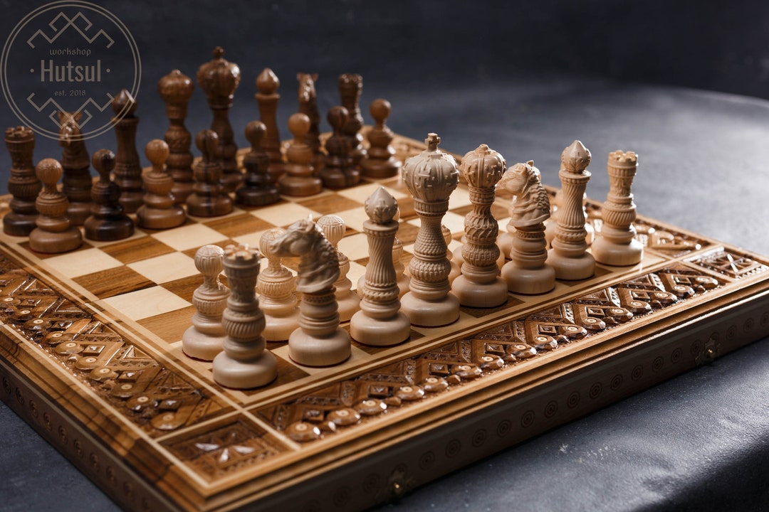 Handcarved Nut Wood Folding Chess Set, Checkers, Backgammon - Etsy