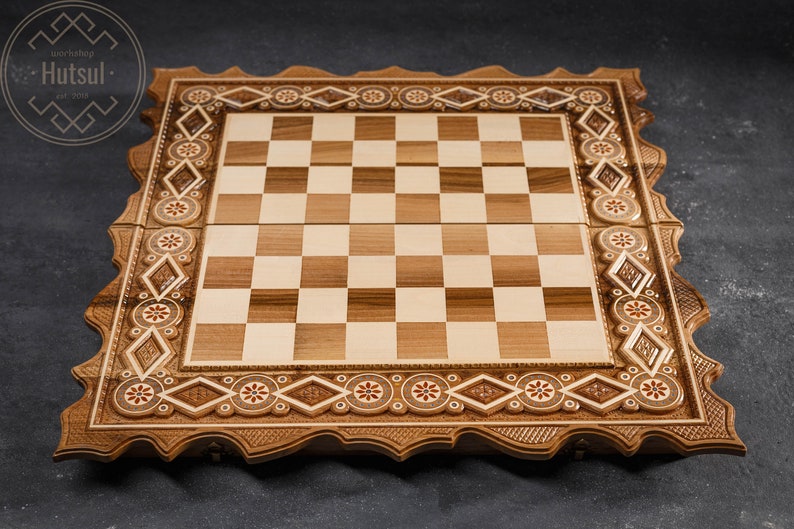 Hand Carved Chess Set: Inlaid Nut Wood, Chess Checkers Backgammon - Etsy