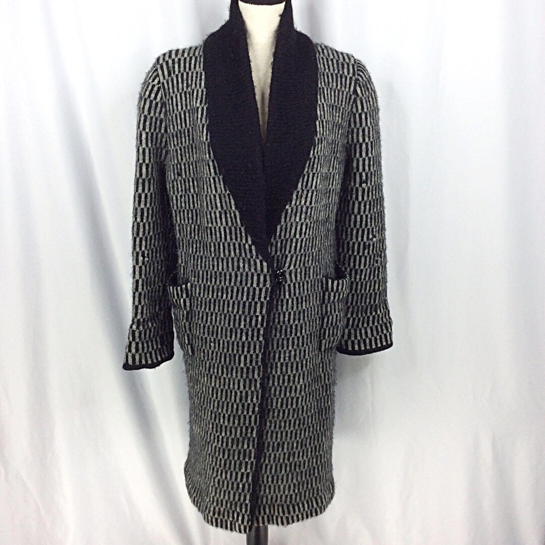 Vintage I.B. Diffusion Trench Coat Womens Size Large Black Gray Mohair ...