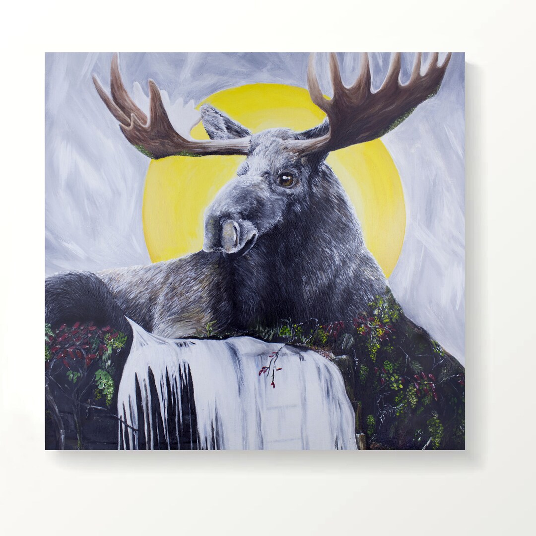 Moose Painting, Surreal Moose, Waterfall Painting, Mountain Painting ...