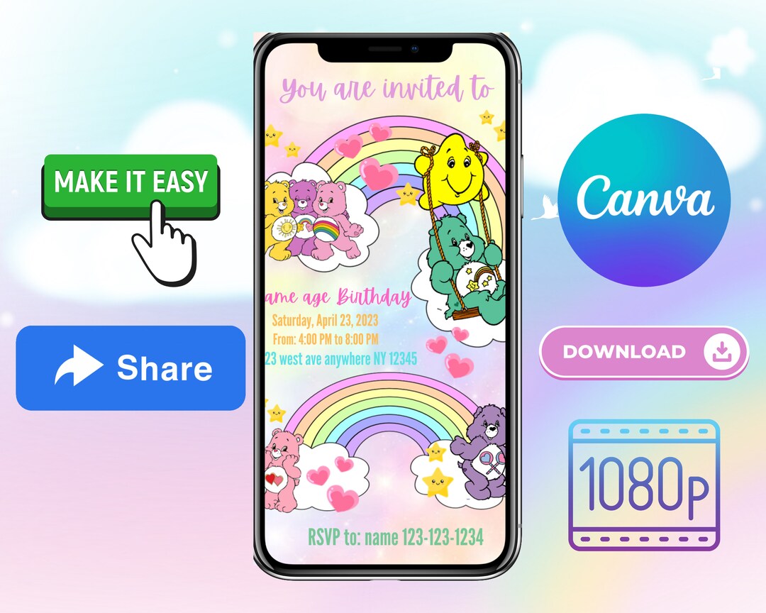 Invitación de Care Bear, invitaciones digitales, cumpleaños de Care ...