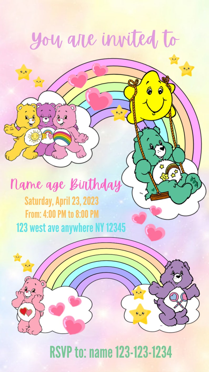 Invitación de Care Bear, invitaciones digitales, cumpleaños de Care ...