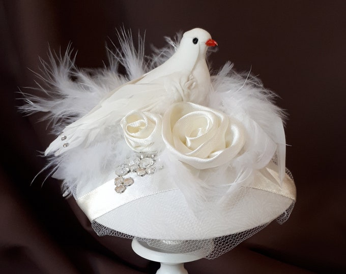 Bridal Fascinator Dove White Satin Rhinestone Feathers Headpiece Hat ...