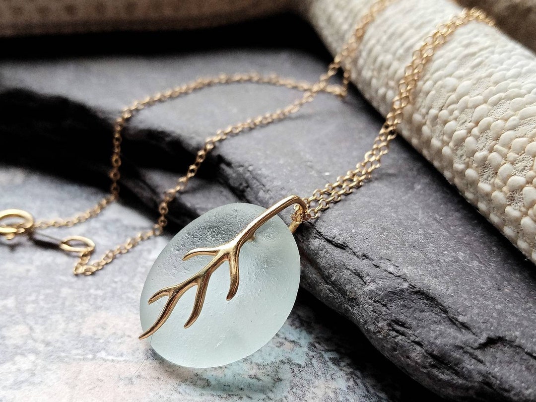 Gold Sea Glass Jewellery. Seaweed Design Necklace. Gold Vermeil. Ocean ...