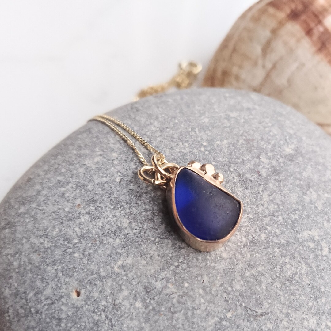 Cobalt Blue Sea Glass Pendant: 9ct Gold Cornish Beach Jewelry - Etsy