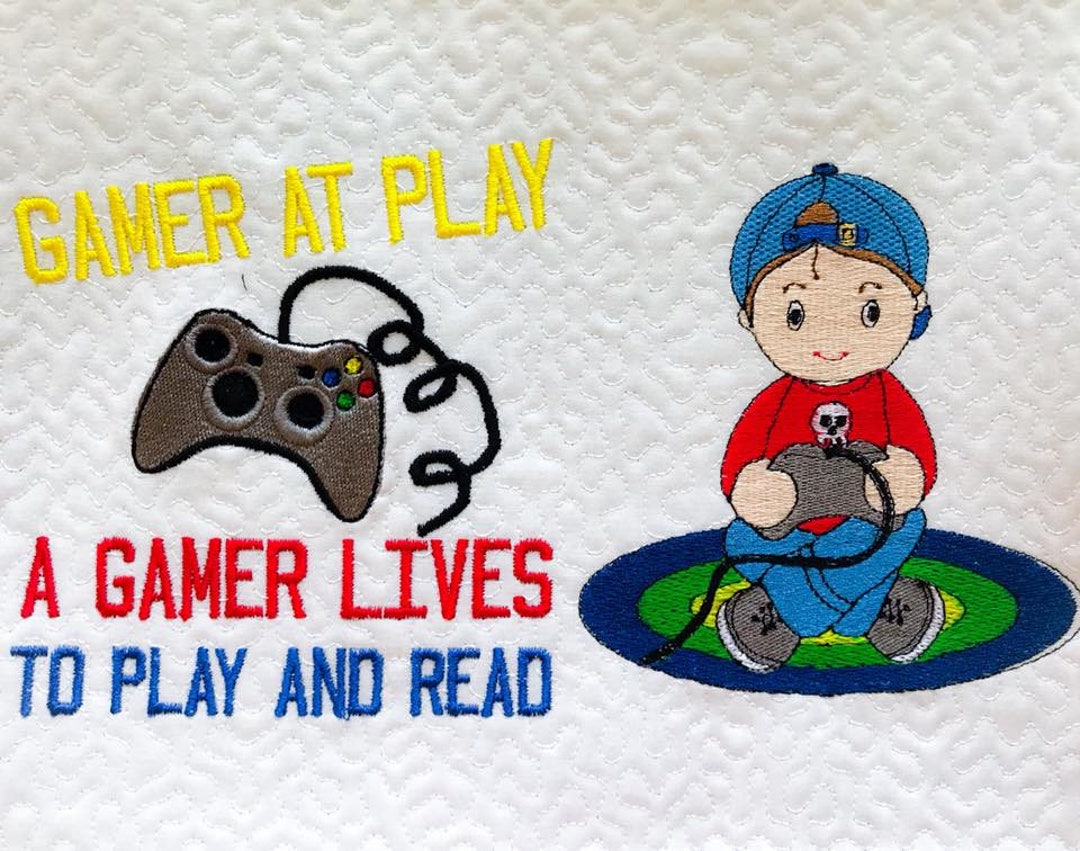 Gamer Boy, and Gamer Lives to Play and Read- Reading Pillow, Embroidery ...