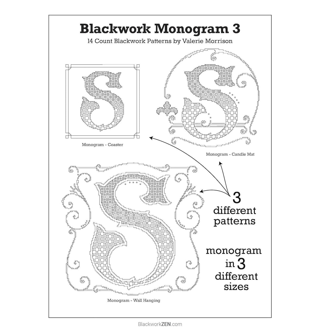 Blackwork Monogram 3 - Letter S Needlework Pattern, Alphabet Blackwork ...