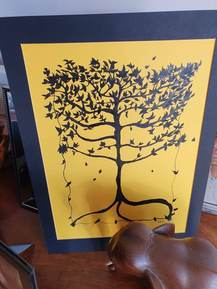 The Yellow Tree, Hand Drawn Pen and Ink Tree Picture/tree Painting/ Ink ...