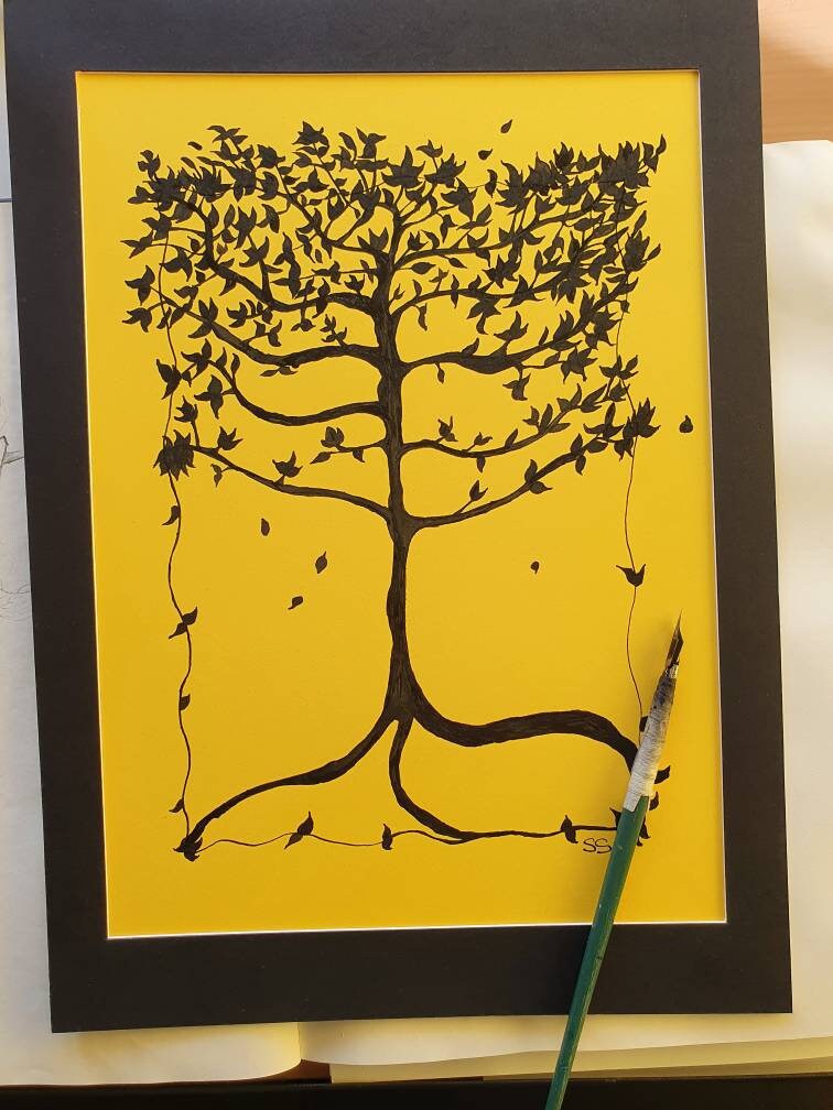 The Yellow Tree, Hand Drawn Pen and Ink Tree Picture/tree Painting/ Ink ...
