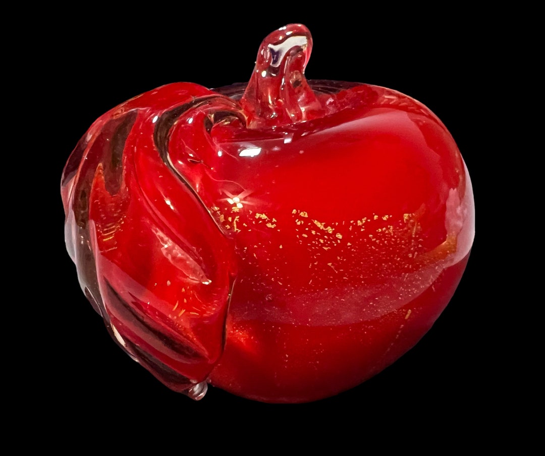Hand Blown Art Glass Apple Paperweight Applied Stem Leaf Gold Glitter ...