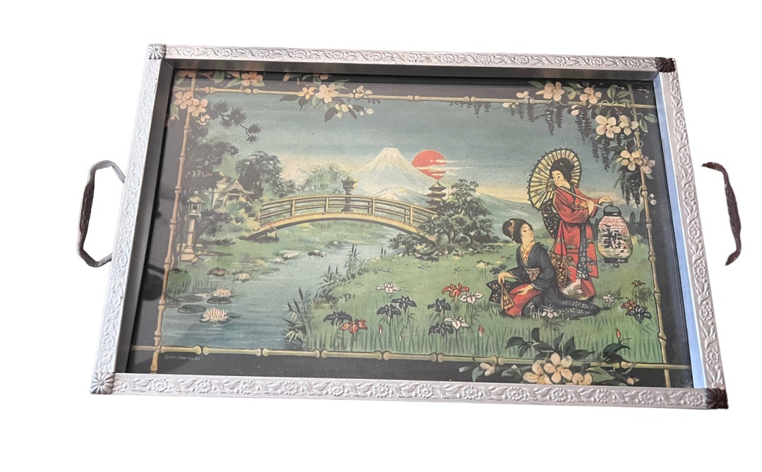 Mt Fuji Geisha Japan Metal and Glass Serving Tray - Etsy