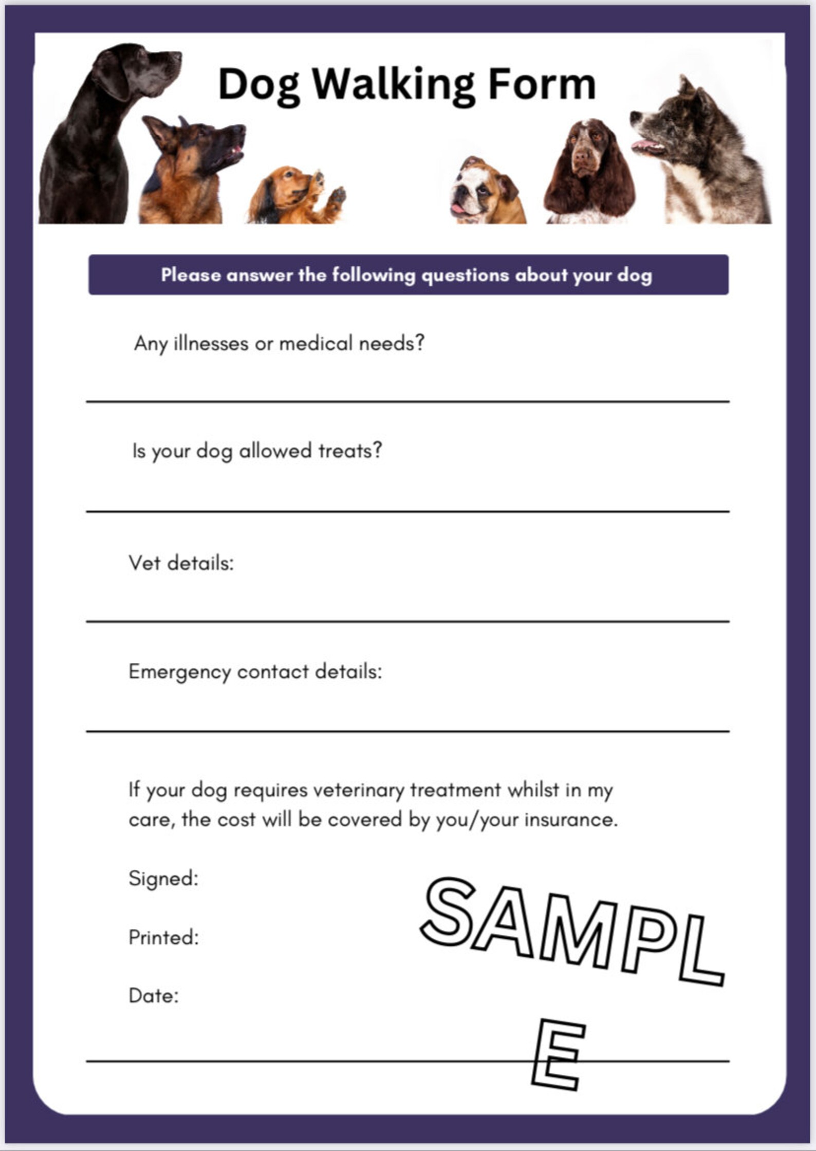 Dog Walking Client Information Form: Pet Business (digital Download) - Etsy