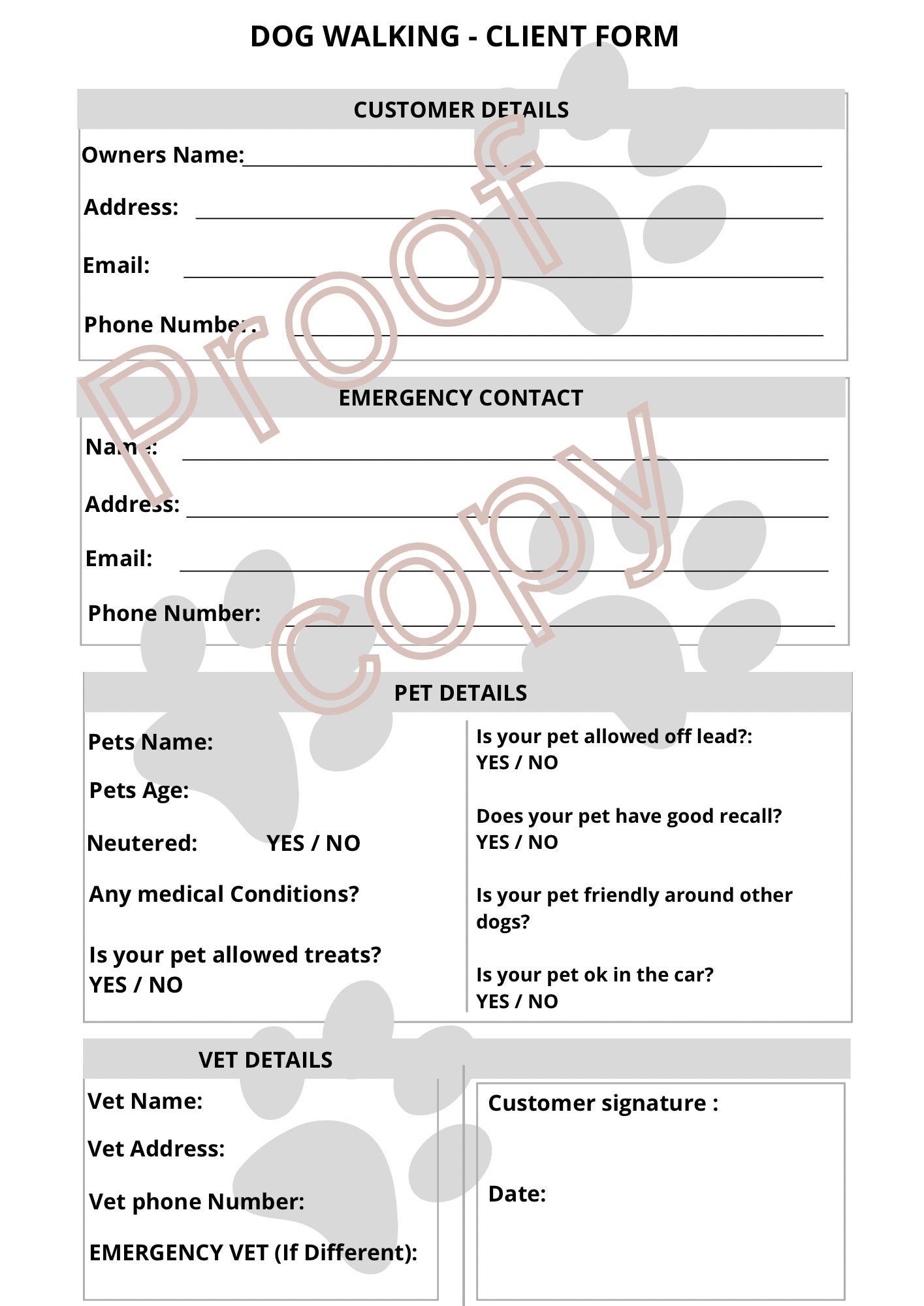 Dog Walking Client Form / Dog Walking Business Information Sheet / Dog ...