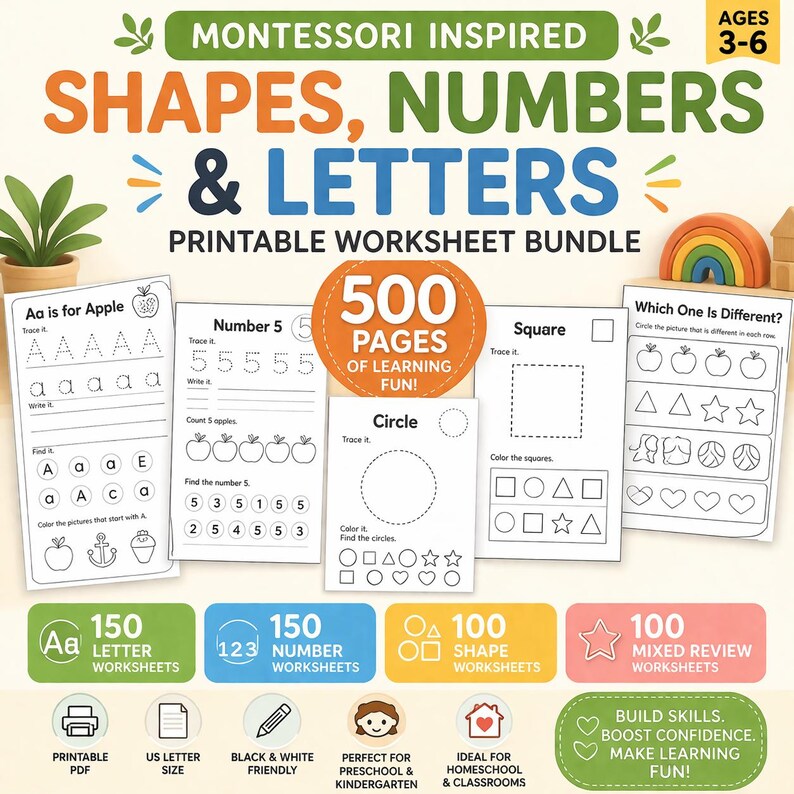 Shapes, Numbers, Letters - Printable Worksheets - Etsy