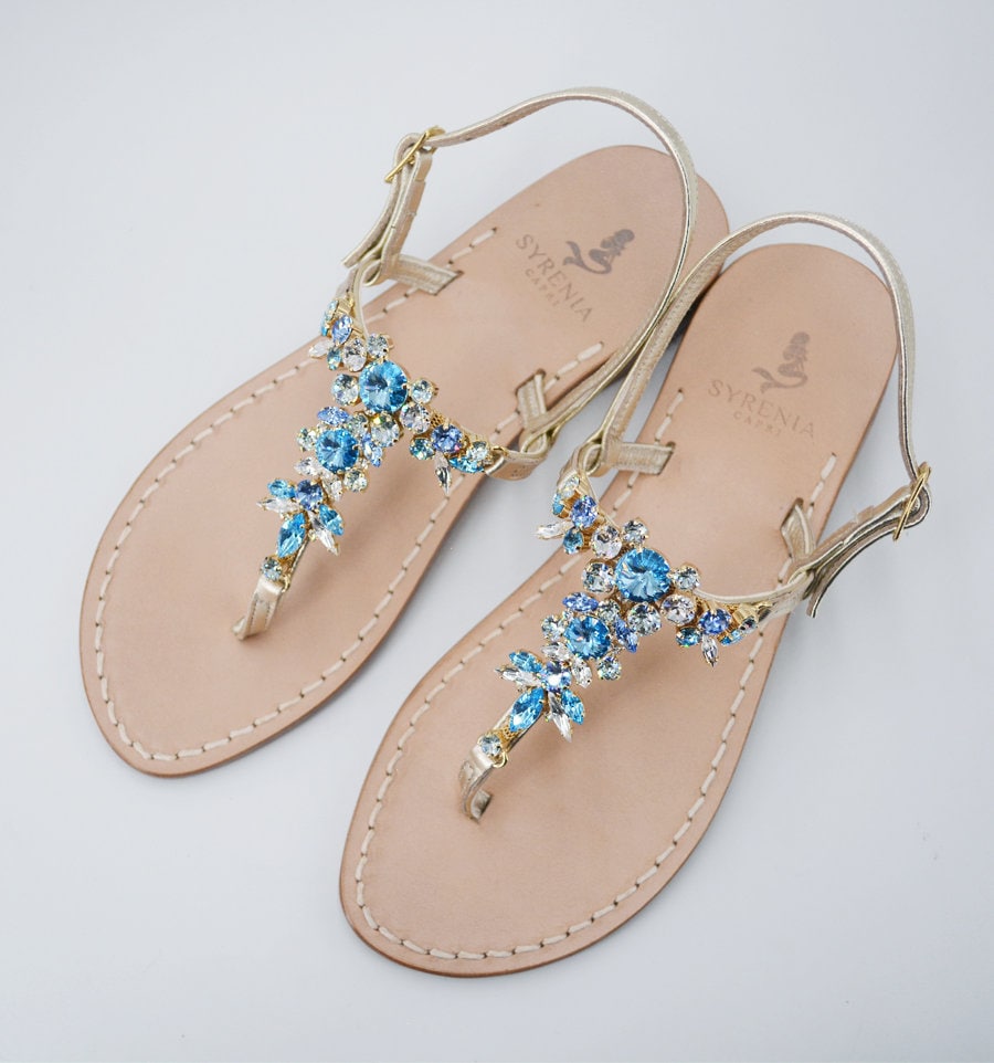 Capri Sandals Jeweled With Gold Leather Embellished Aquamarine Crystals ...