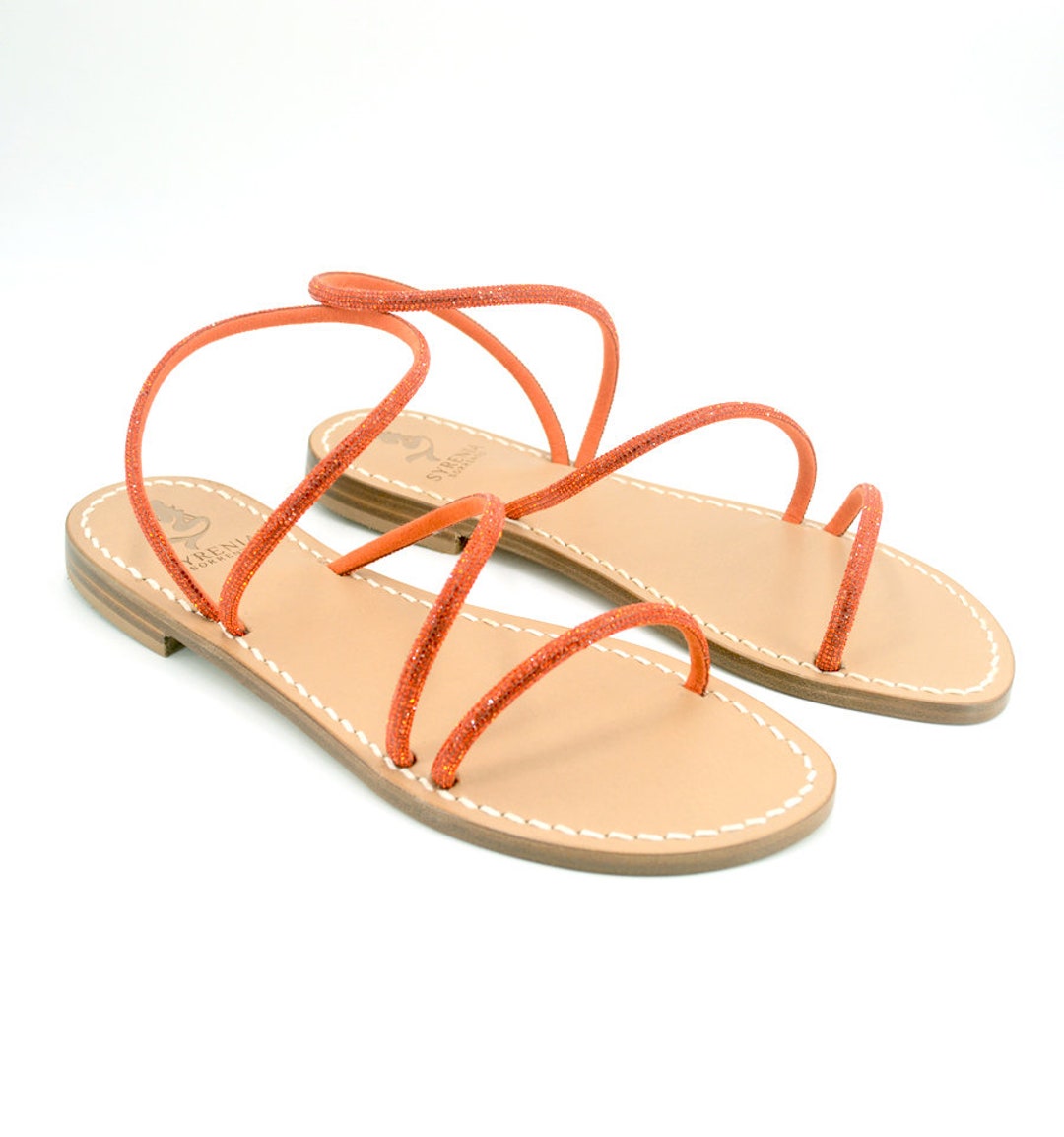 Orange Capri Sandals With Micro Pavè Crystal, Flat Sandals Handmade in ...