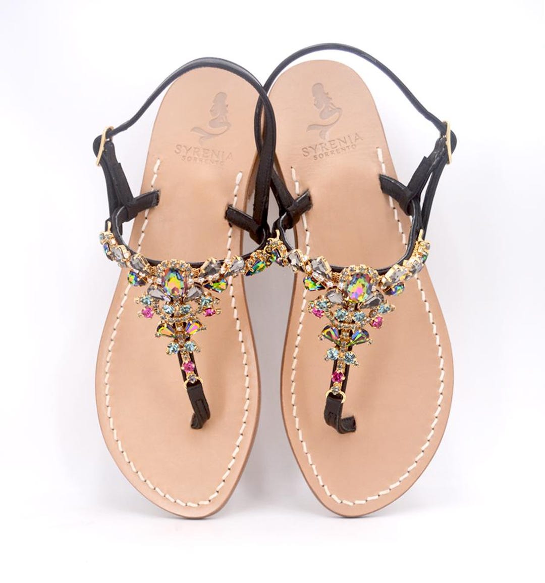 Women's Flat Black Jewel Sandals in Gold Leather, Multicolor Crystal ...
