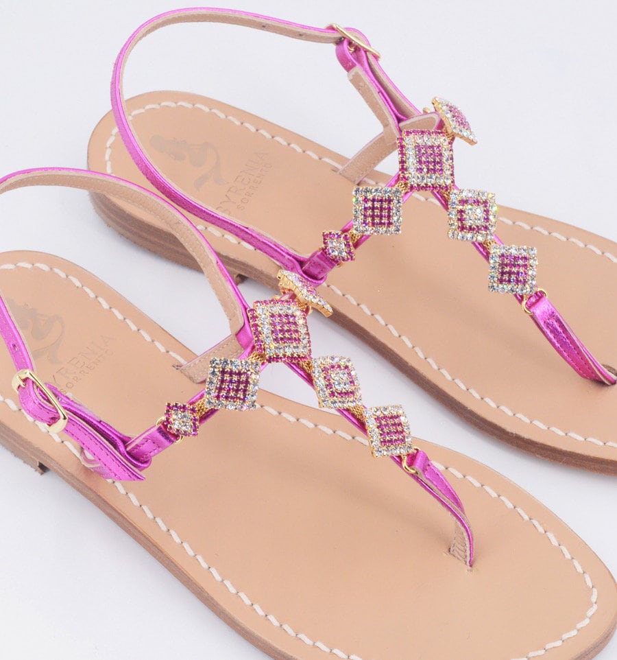 Fuchsia Crystal Capri Sandals With Laminate Leather Handmade in Italy ...