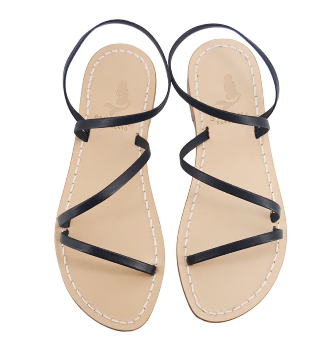 Black Capri Sandals - Italian Flat Sandals in Black Leather - Black ...