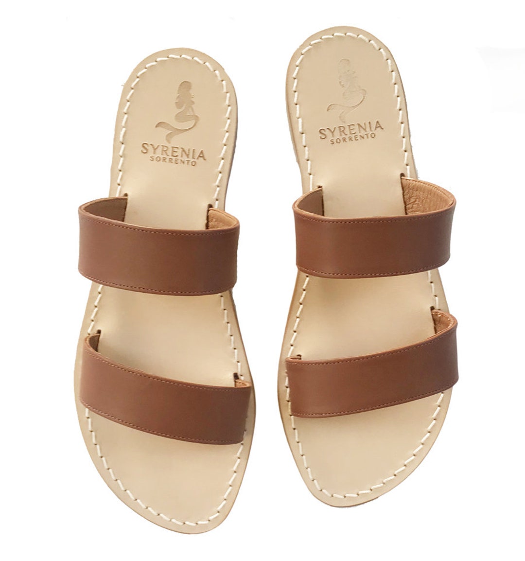 Sandals With Two Bands in Tan Leather, Low Heel, Leather Sole, Custom ...