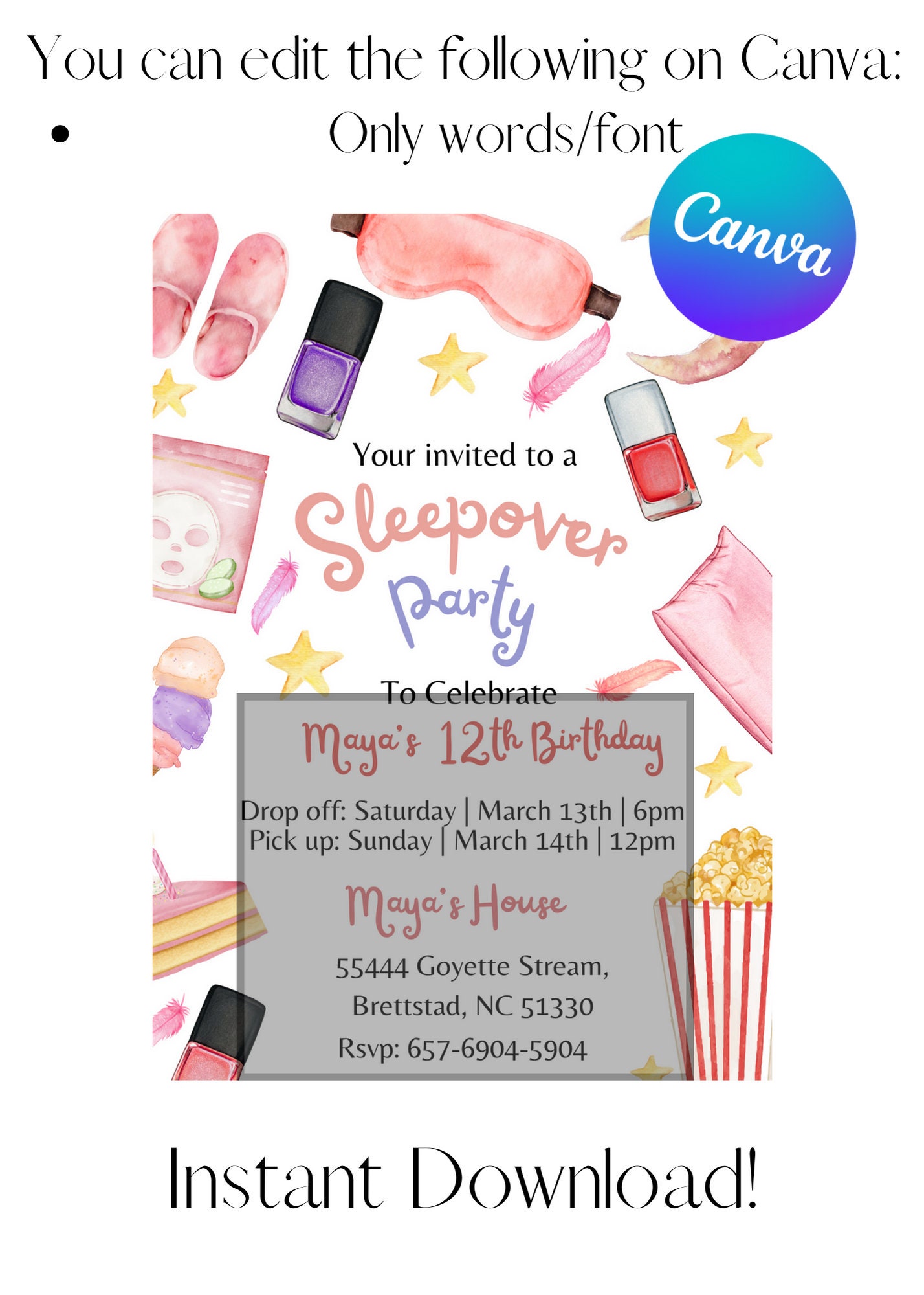 Editable Sleepover Birthday Invitation, Slumber Party Party Birthday ...