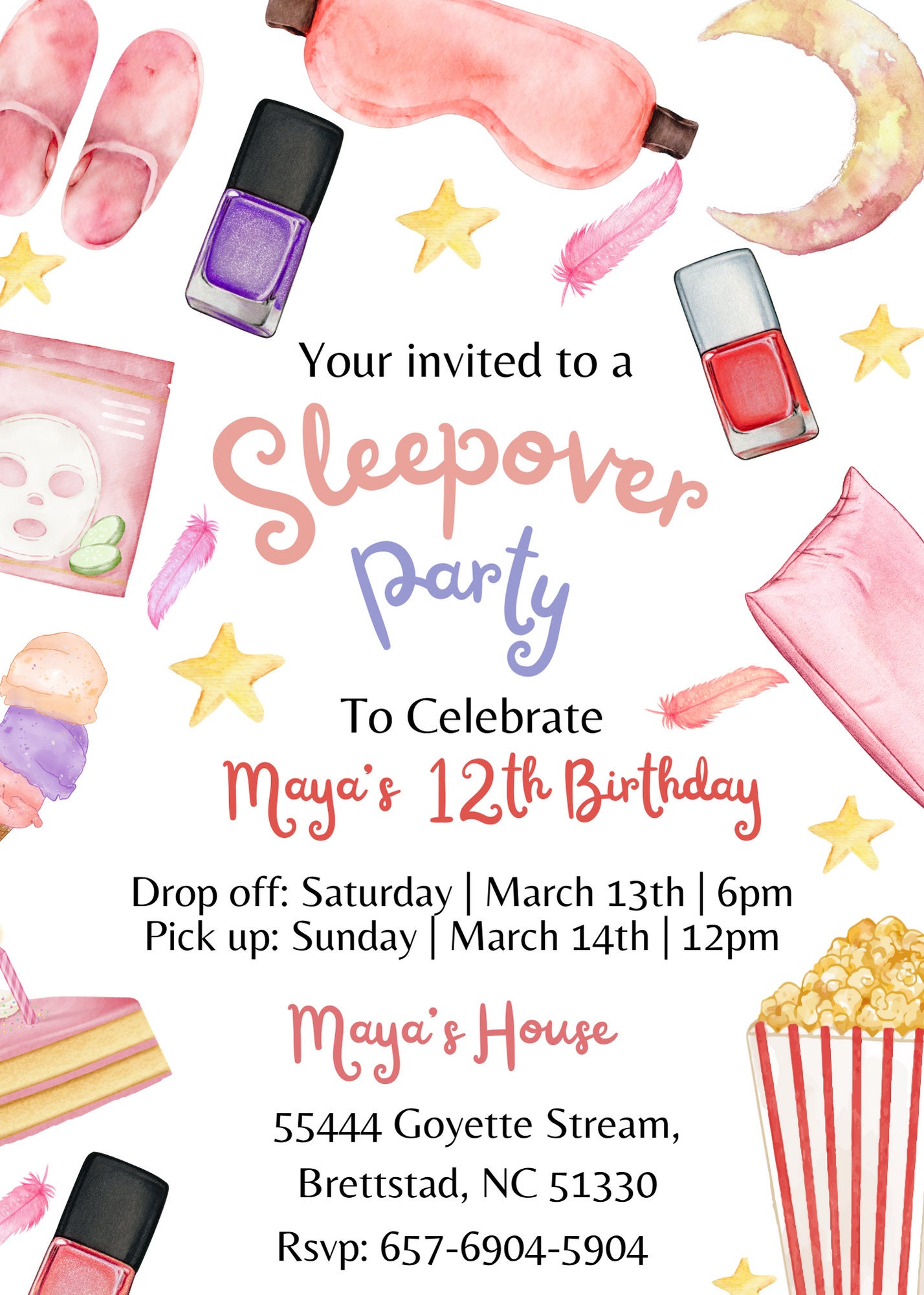 Editable Sleepover Birthday Invitation, Slumber Party Party Birthday ...