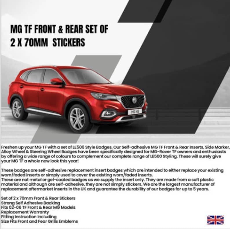 MG TF LE500 Styled 70mm Badge Insert Set of 2 Front Rear Logo Chrome ...