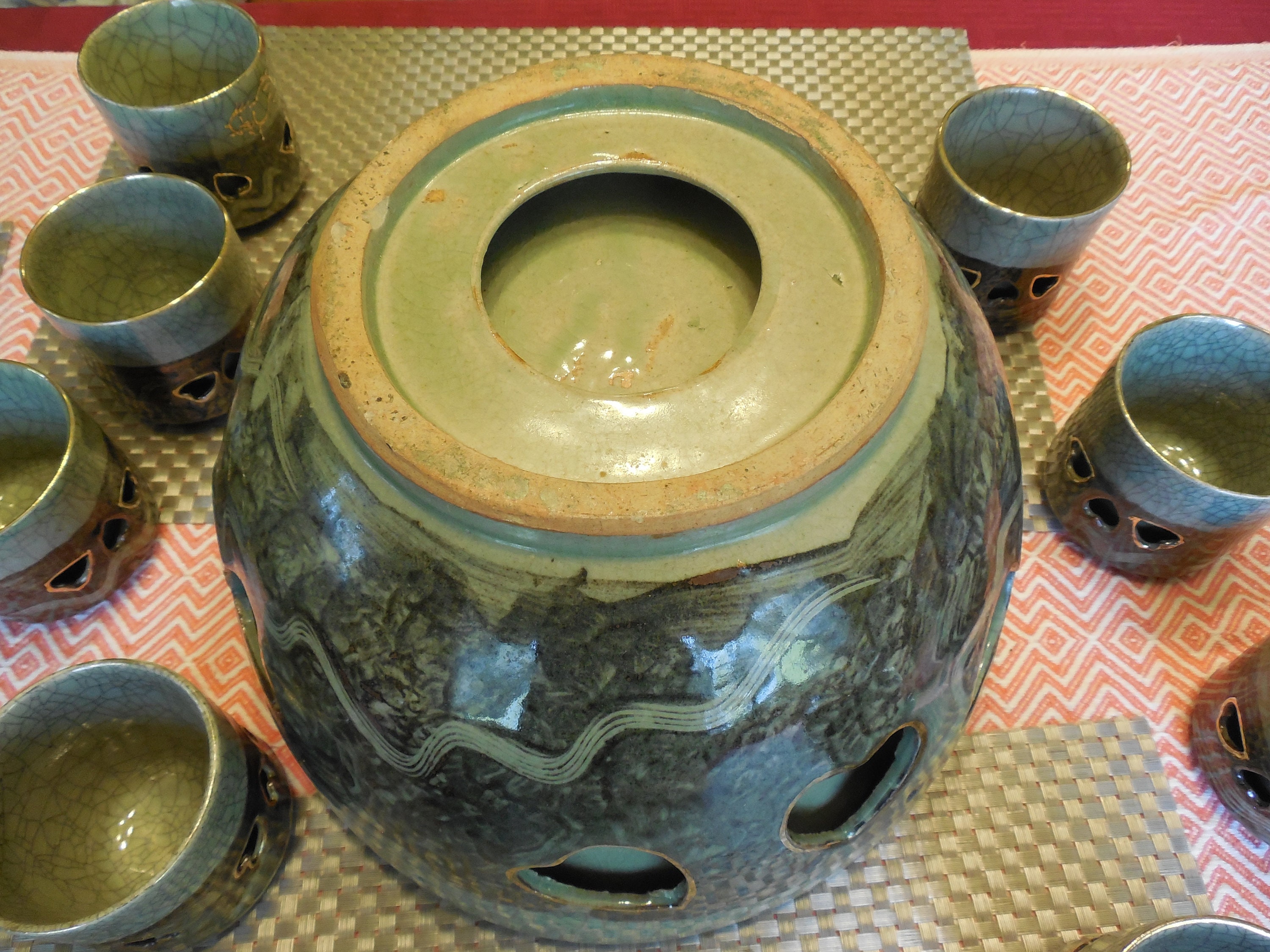 Soma Ware Japanese Pottery Somayaki Punch Bowl 10 Cups Gold Horse ...