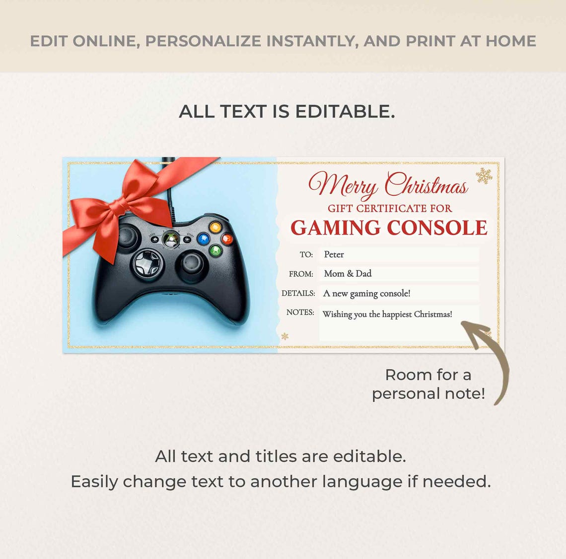 Gaming Console Gift Certificate • Video Game Gift Ticket • Christmas ...