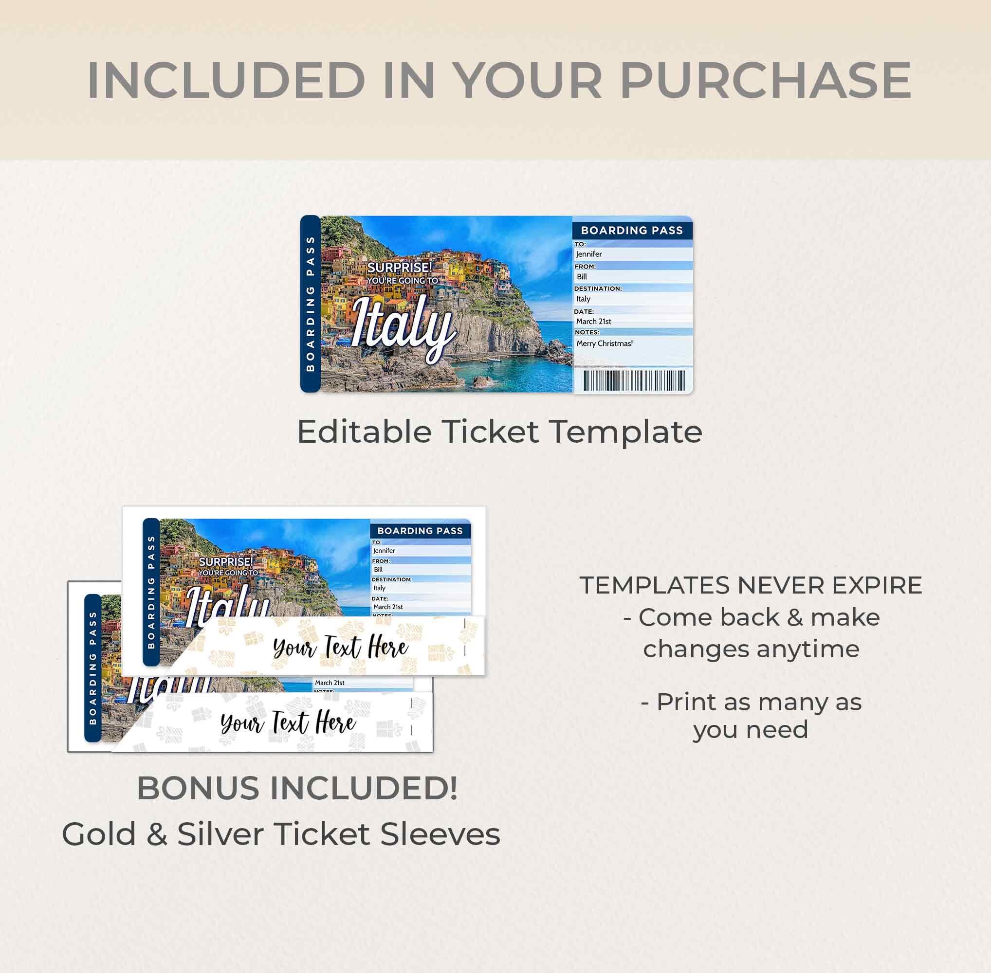 Italy Trip Ticket, Printable Boarding Pass, Vacation Gift Ticket for ...