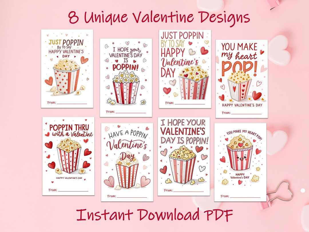 Printable Classroom Valentine Cards, Poppin by Popcorn School Valentine ...