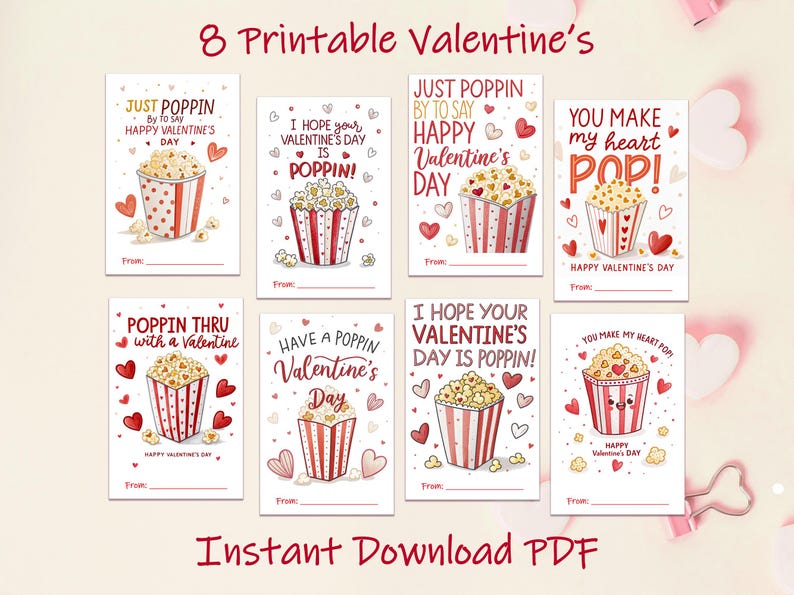Printable Valentine Cards, Poppin by Popcorn Classroom Valentine Cards ...