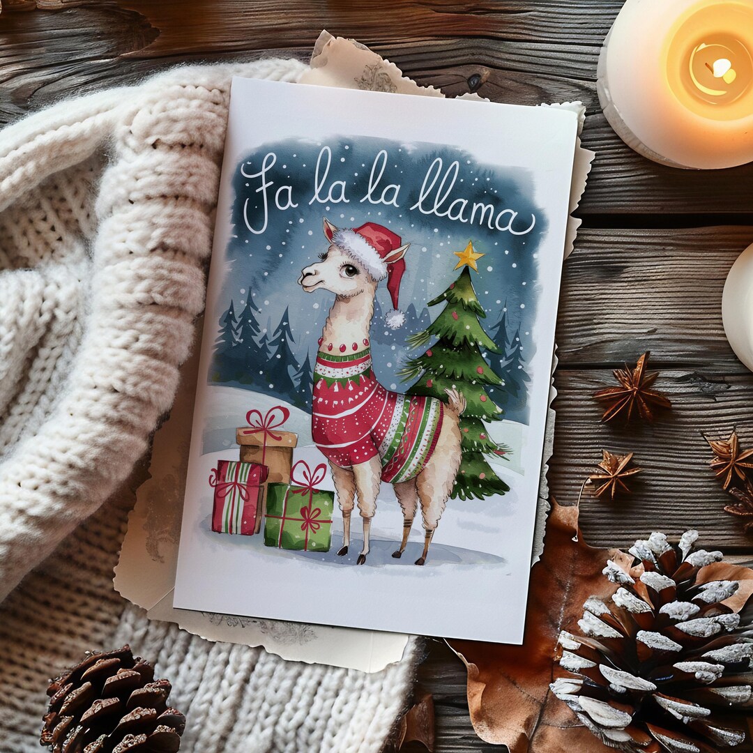 Llama Printable Christmas Cards, Fa La La Llama Printable Holiday Card ...