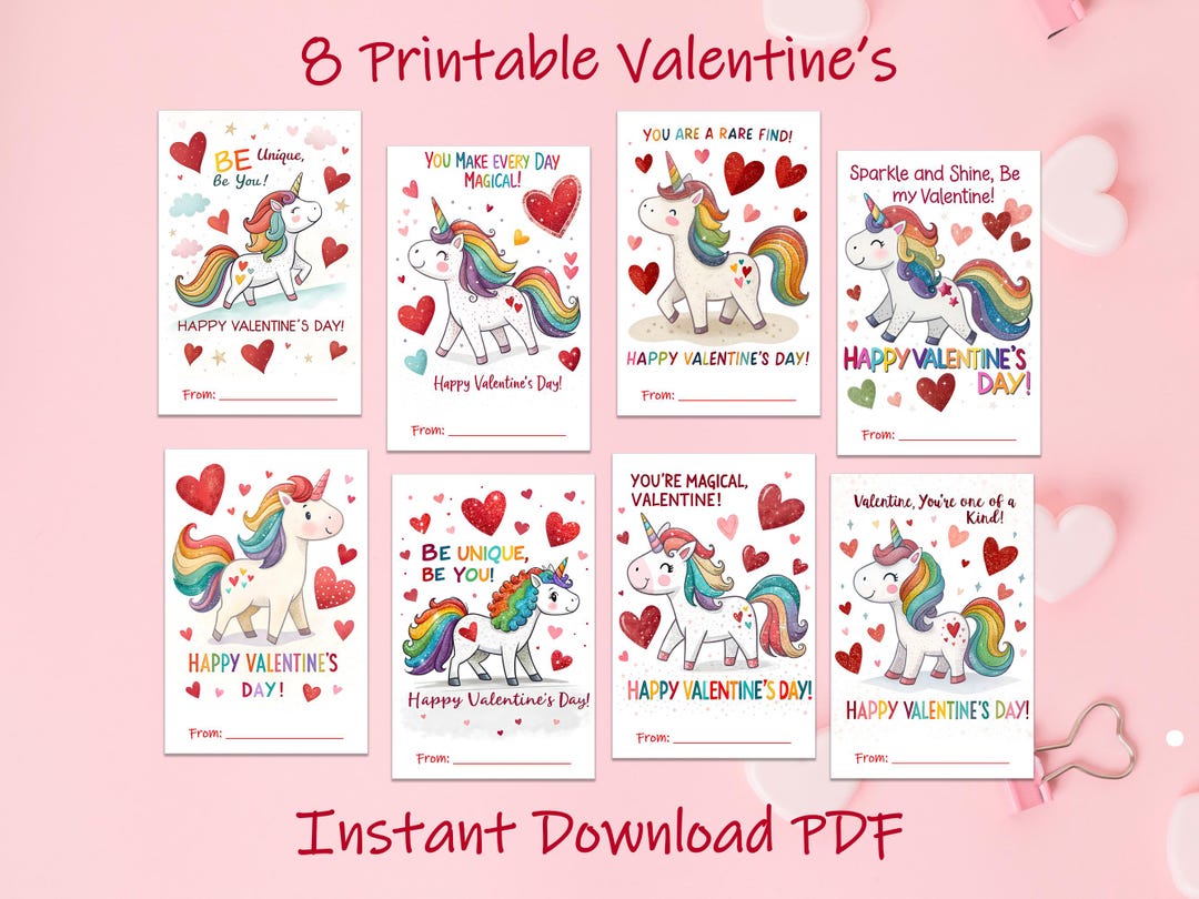 Printable Valentine Cards, Unicorn Classroom Valentine Cards, Unicorns ...