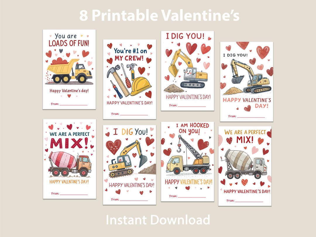 Printable Construction Valentine's Day Cards, Classroom Valentine's Day ...