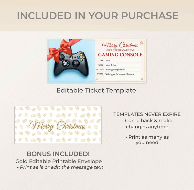 Gaming Console Gift Certificate • Video Game Gift Ticket • Christmas ...