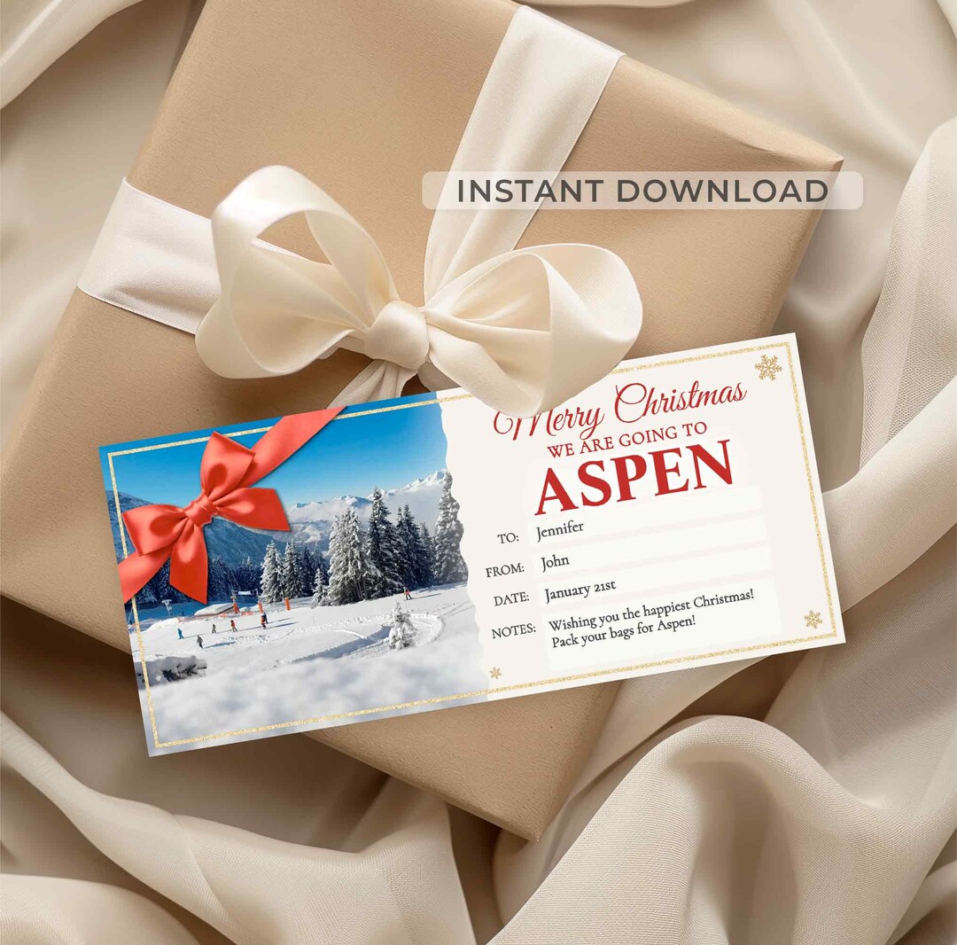 Aspen Trip Gift Ticket • Ski Vacation Surprise Reveal • Printable Aspen ...