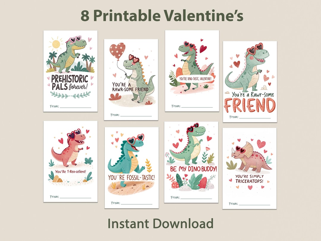 Printable Dinosaur Valentine Tag Dino Valentine's Day Exchange Cards ...