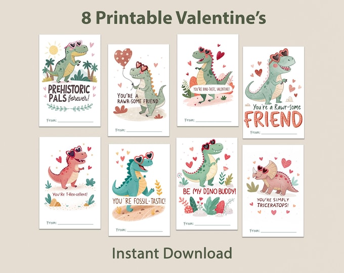 Printable Dinosaur Valentine Tag Dino Valentine's Day Exchange Cards ...