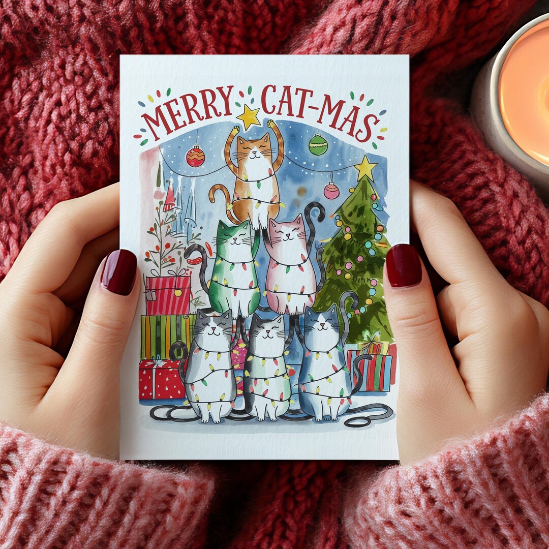 Funny Cats Christmas Card, Merry Cat-mas, Printable Holiday Greeting ...