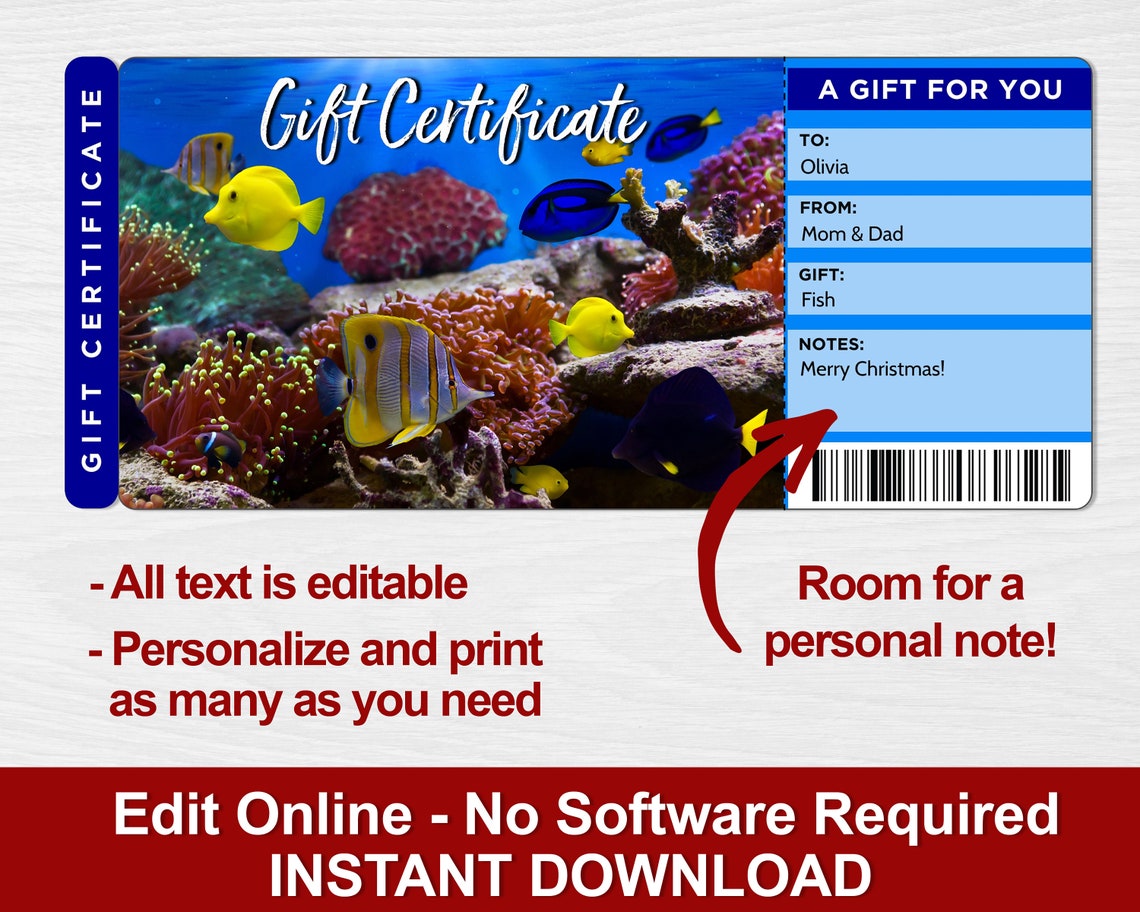 Printable Fish Gift Certificate Template Fish Tank Gift - Etsy