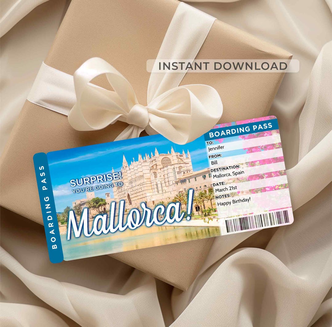 Mallorca Trip Ticket Printable • Spain Vacation Reveal • Editable ...