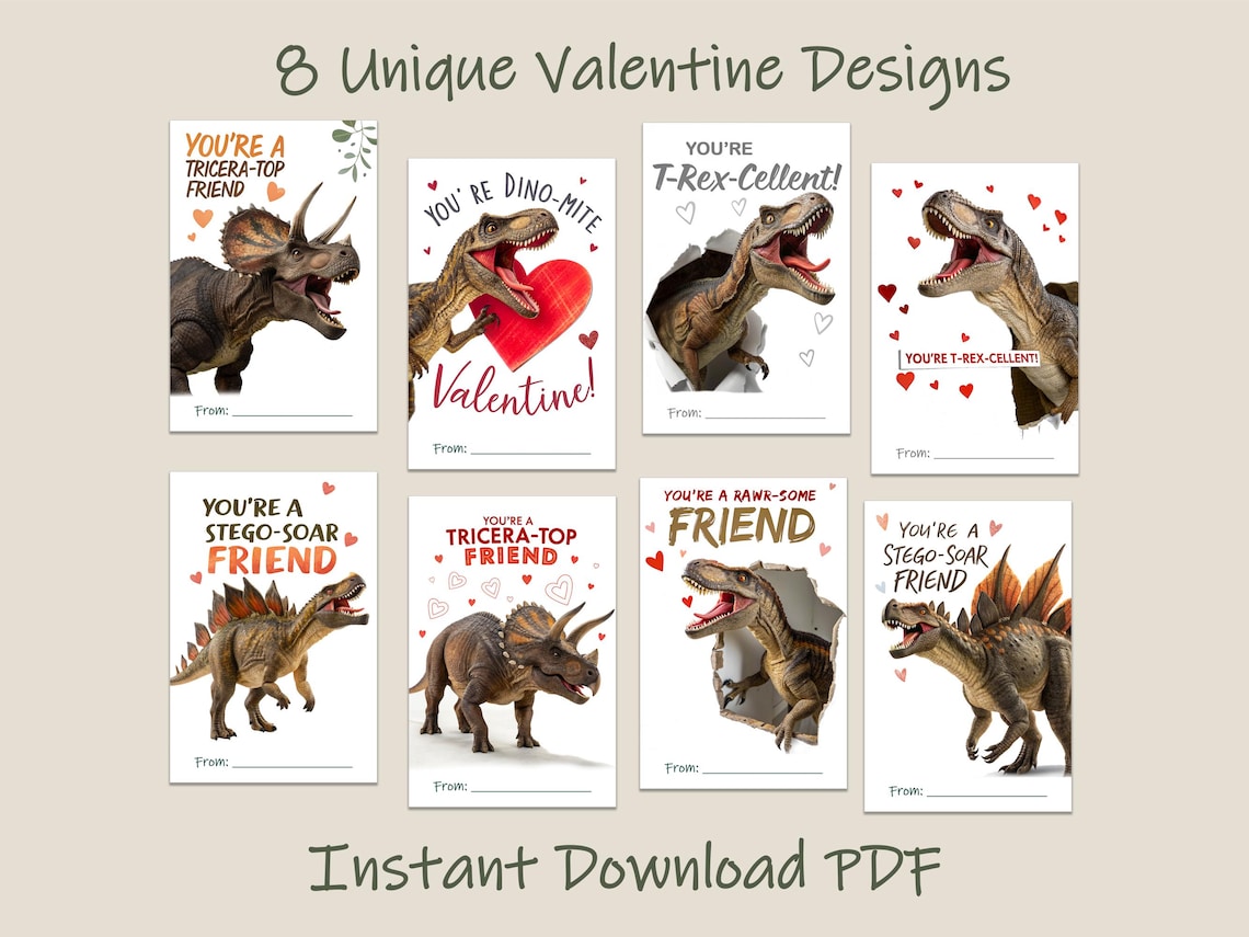 Printable Dinosaur Valentines | Kids Classroom Exchange Cards (PDF) - Etsy